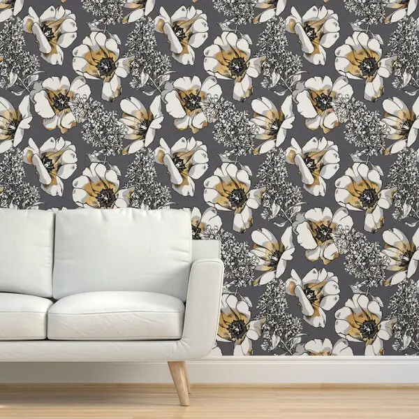 Spoonflower Grey Floral Print 100% Natural Sisal Grasscloth Wallcovering
