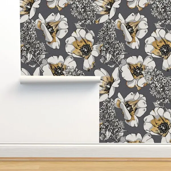 Spoonflower Grey Floral Print 100% Natural Sisal Grasscloth Wallcovering