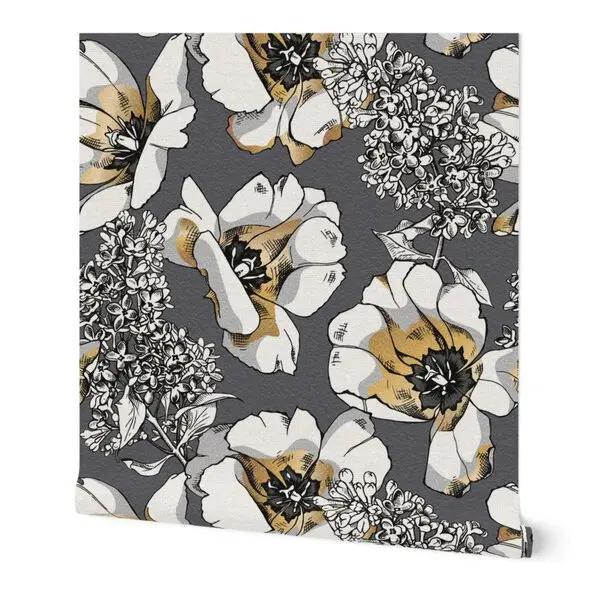Spoonflower Grey Floral Print 100% Natural Sisal Grasscloth Wallcovering