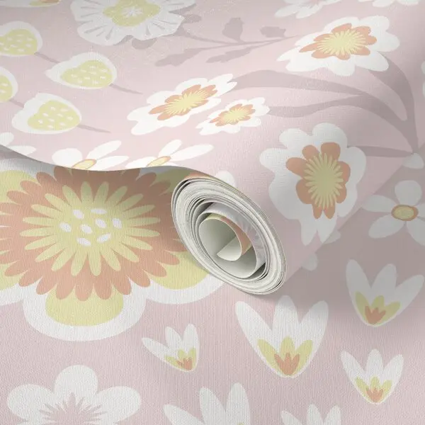 Spoonflower Pastel Wildflowers Pale Colors And Yellow Custom Pre-pasted Wallpaper - Pink