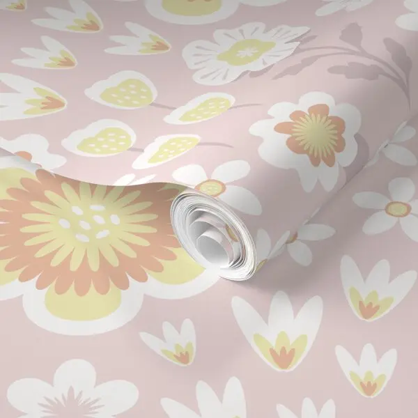 Spoonflower Pastel Wildflowers Pale Colors And Yellow Custom Pre-pasted Wallpaper - Pink