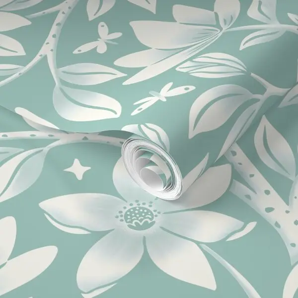 Spoonflower Floral Green Tree Whimsical Plant Dragonflies Traditional Wallpaper - Mint