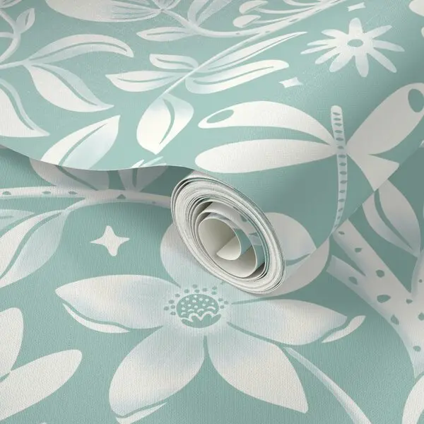 Spoonflower Floral Green Tree Whimsical Plant Dragonflies Custom Pre-pasted Wallpaper - Mint