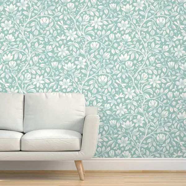 Spoonflower Floral Green Tree Whimsical Plant Dragonflies Custom Pre-pasted Wallpaper - Mint