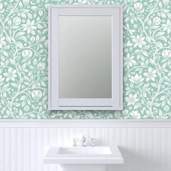 Spoonflower Floral Green Tree Whimsical Plant Dragonflies Custom Pre-pasted Wallpaper - Mint