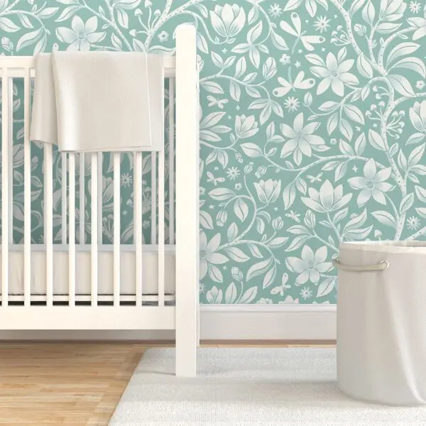 Spoonflower Floral Green Tree Whimsical Plant Dragonflies Custom Pre-pasted Wallpaper - Mint