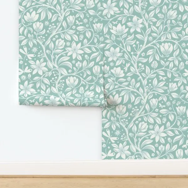 Spoonflower Floral Green Tree Whimsical Plant Dragonflies Custom Pre-pasted Wallpaper - Mint