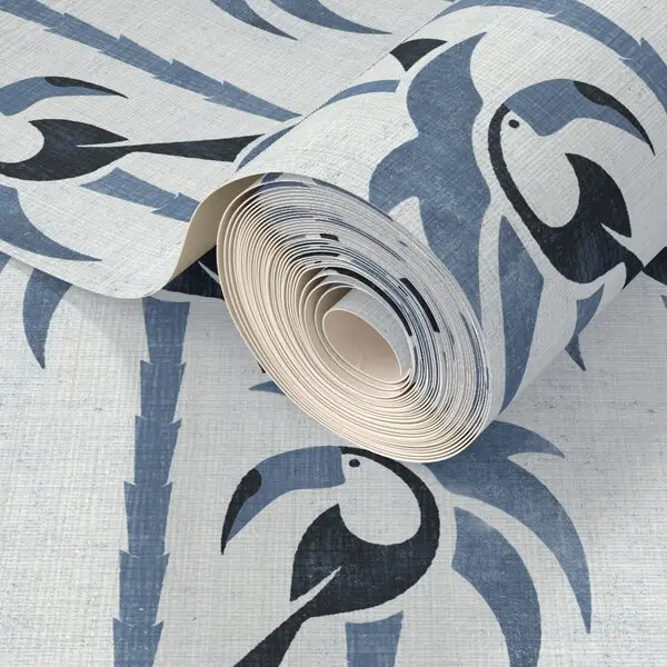 Spoonflower Toucan Do It Blue Black On White 100% Natural Sisal Grasscloth Wallcovering - Blue,gray