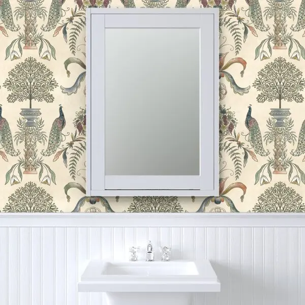 Spoonflower Peacock Classical Italian Olives Fresco Custom Pre-pasted Wallpaper - Beige