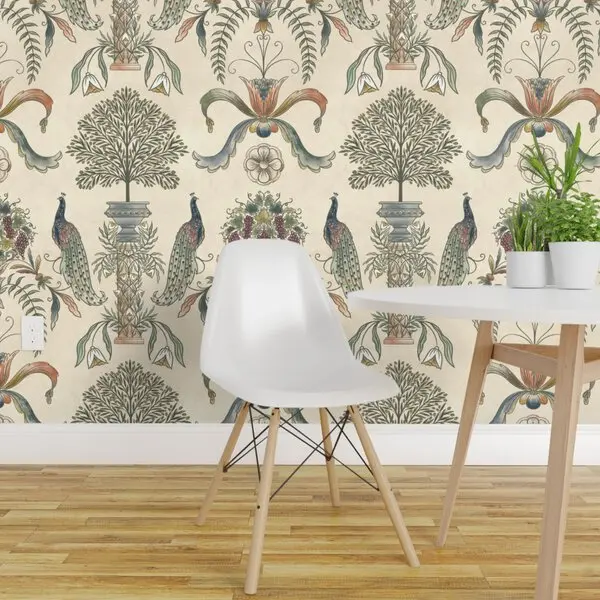 Spoonflower Peacock Classical Italian Olives Fresco Custom Pre-pasted Wallpaper - Beige