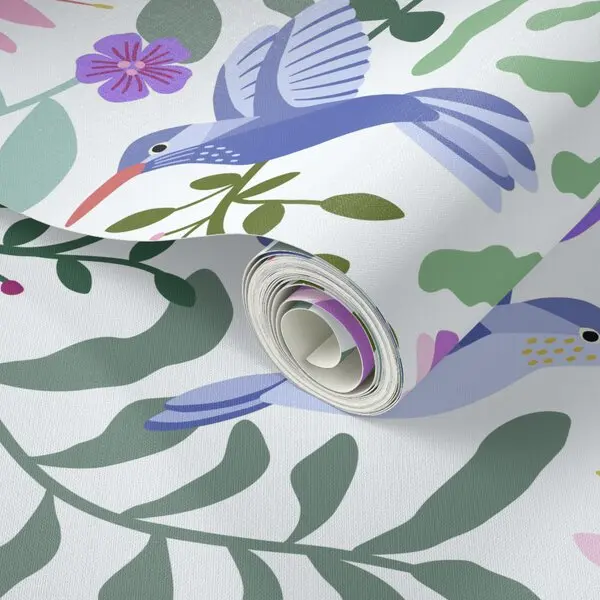 Spoonflower Hummingbird Flower Purple Birds Foliage Green Custom Pre-pasted Wallpaper - Purple,white