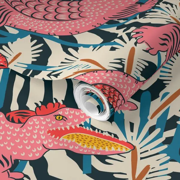 Spoonflower Dragon Maximalist Tropical Summer Large 100% Natural Sisal Grasscloth Wallcovering - Pink