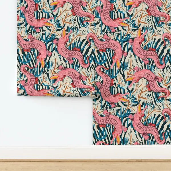Spoonflower Dragon Maximalist Tropical Summer Large 100% Natural Sisal Grasscloth Wallcovering