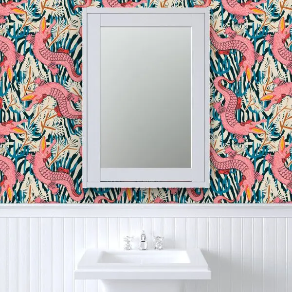 Spoonflower Dragon Maximalist Tropical Summer Large 100% Natural Sisal Grasscloth Wallcovering