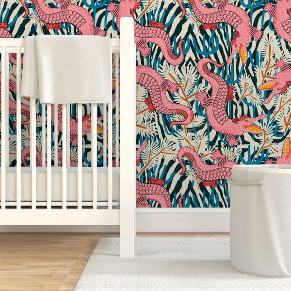 Spoonflower Dragon Maximalist Tropical Summer Large 100% Natural Sisal Grasscloth Wallcovering