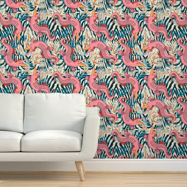 Spoonflower Dragon Maximalist Tropical Summer Large 100% Natural Sisal Grasscloth Wallcovering