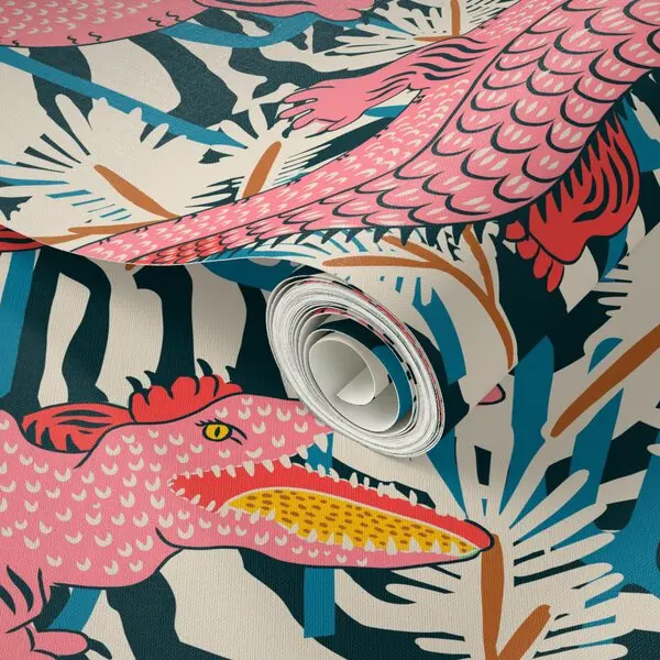 Spoonflower Dragon Maximalist Tropical Summer Large 100% Natural Sisal Grasscloth Wallcovering - Pink