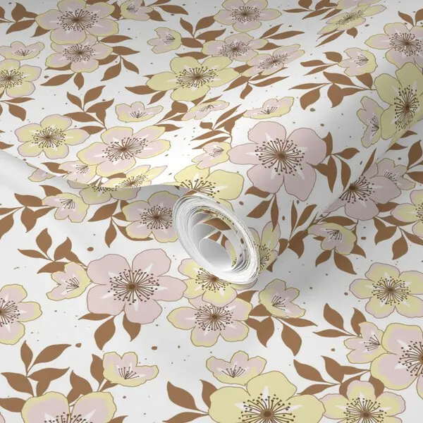 Spoonflower Spring Flowers Pink Yellow Brown Cherry Blossoms Custom Pre-pasted Wallpaper - Pink,yellow