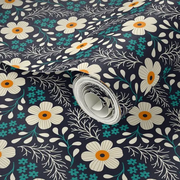 Spoonflower Leaves Hand Drawn Garden Daisy Ditsy Meadow Custom Pre-pasted Wallpaper - Blue
