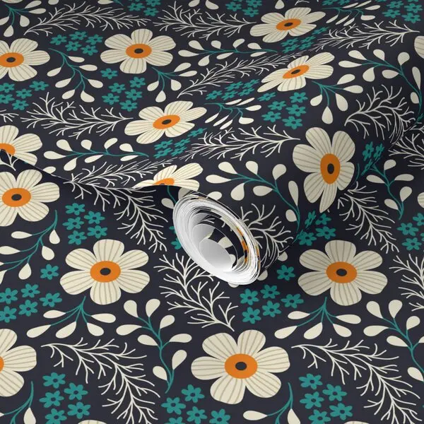 Spoonflower Leaves Hand Drawn Garden Daisy Ditsy Meadow Custom Pre-pasted Wallpaper - Blue