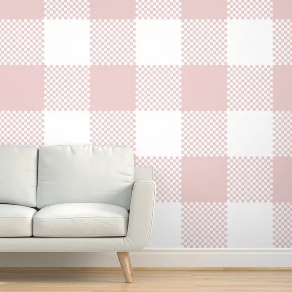 Spoonflower Gingham Blush French Country Plaid Checkered Custom Pre-pasted Wallpaper - Pink