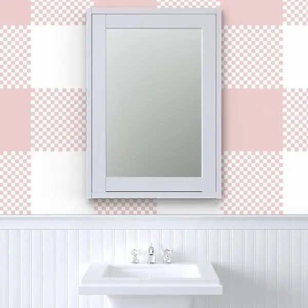 Spoonflower Gingham Blush French Country Plaid Checkered Custom Pre-pasted Wallpaper - Pink