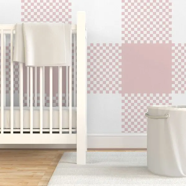 Spoonflower Gingham Blush French Country Plaid Checkered Custom Pre-pasted Wallpaper - Pink