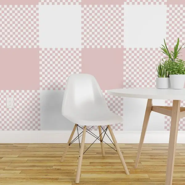 Spoonflower Gingham Blush French Country Plaid Checkered Custom Pre-pasted Wallpaper - Pink