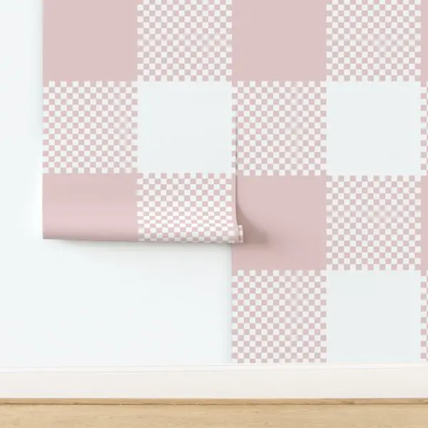 Spoonflower Gingham Blush French Country Plaid Checkered Custom Pre-pasted Wallpaper - Pink