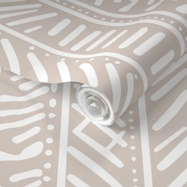 Spoonflower Modern Boho Mudcloth Lines Geometric Custom Pre-pasted Wallpaper - Beige