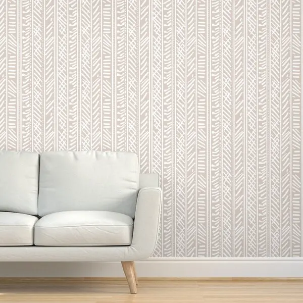 Spoonflower Modern Boho Mudcloth Lines Geometric Custom Pre-pasted Wallpaper - Beige