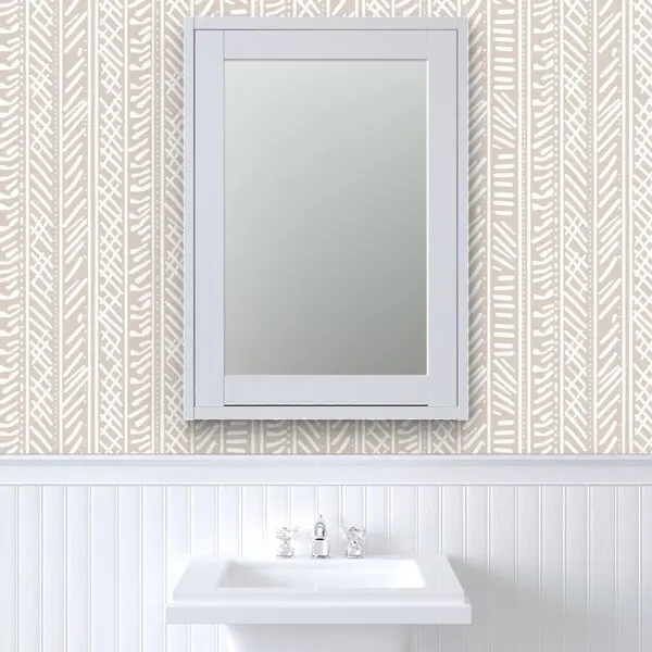 Spoonflower Modern Boho Mudcloth Lines Geometric Custom Pre-pasted Wallpaper - Beige