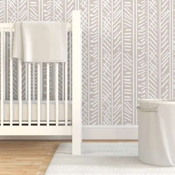 Spoonflower Modern Boho Mudcloth Lines Geometric Custom Pre-pasted Wallpaper - Beige