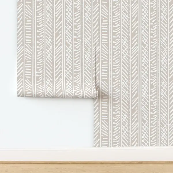 Spoonflower Modern Boho Mudcloth Lines Geometric Custom Pre-pasted Wallpaper - Beige