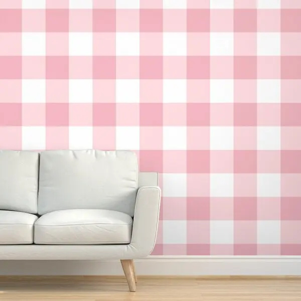 Spoonflower Retro Gingham Check Fun Groovy 90 S Tickled Custom Pre-pasted Wallpaper - Pink