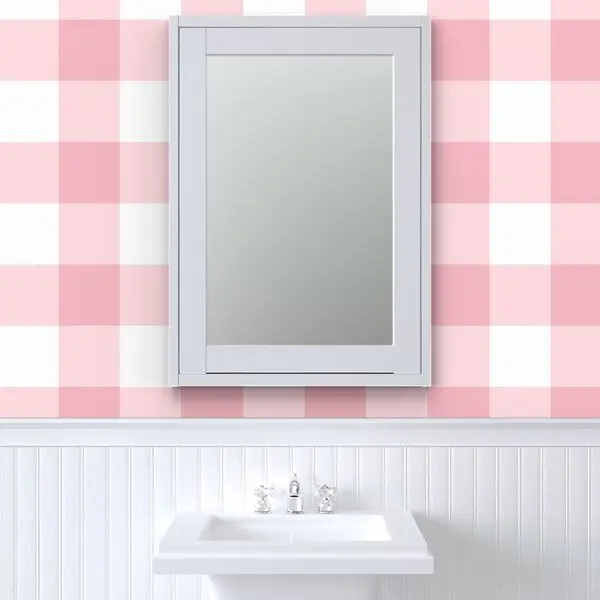 Spoonflower Retro Gingham Check Fun Groovy 90 S Tickled Custom Pre-pasted Wallpaper - Pink
