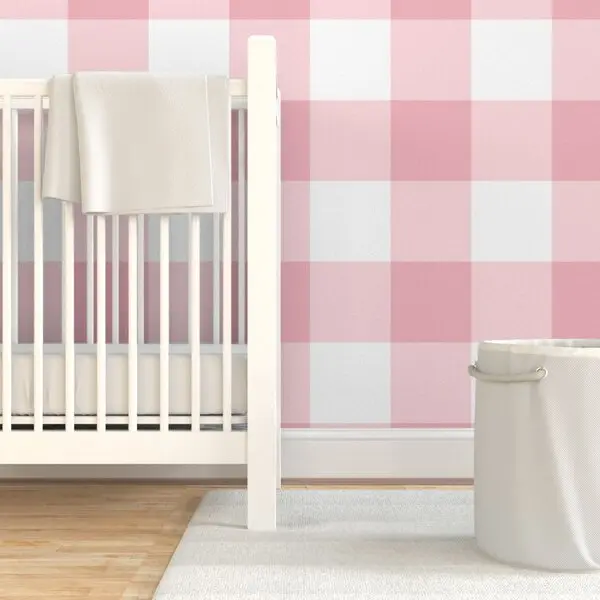 Spoonflower Retro Gingham Check Fun Groovy 90 S Tickled Custom Pre-pasted Wallpaper - Pink