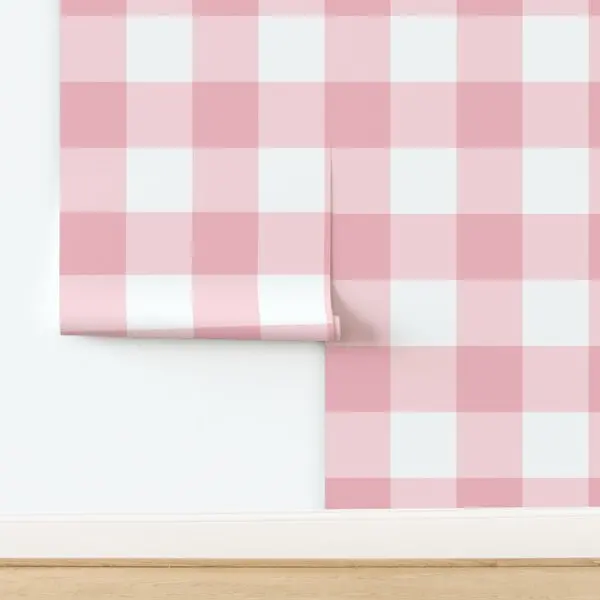 Spoonflower Retro Gingham Check Fun Groovy 90 S Tickled Custom Pre-pasted Wallpaper - Pink