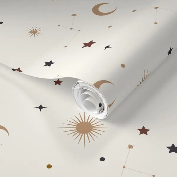 Spoonflower Cream Stars Sky Constellations Space Moon Boho Custom Pre-pasted Wallpaper - White