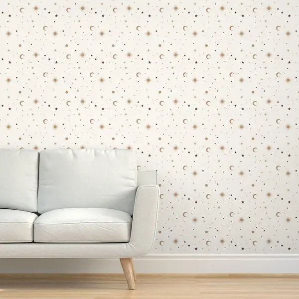 Spoonflower Cream Stars Sky Constellations Space Moon Boho Custom Pre-pasted Wallpaper - White