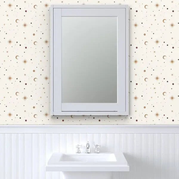 Spoonflower Cream Stars Sky Constellations Space Moon Boho Custom Pre-pasted Wallpaper - White