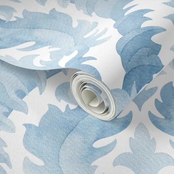 Spoonflower Watercolor Damask Botanical Floral Light Custom Pre-pasted Wallpaper - Blue