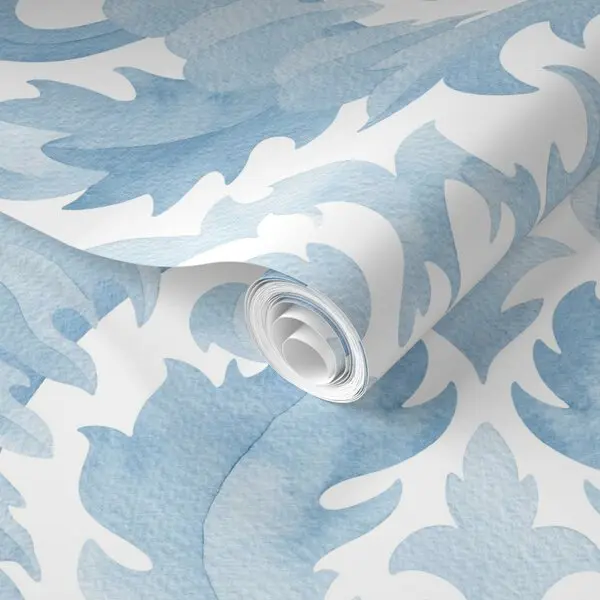 Spoonflower Watercolor Damask Botanical Floral Light Custom Pre-pasted Wallpaper - Blue