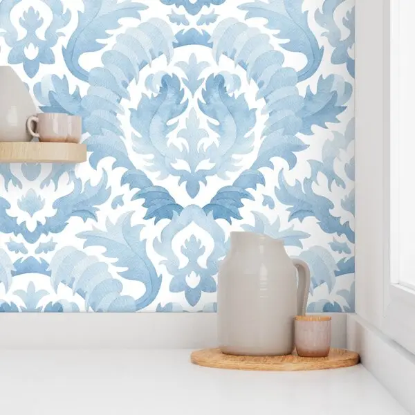 Spoonflower Watercolor Damask Botanical Floral Light Custom Pre-pasted Wallpaper