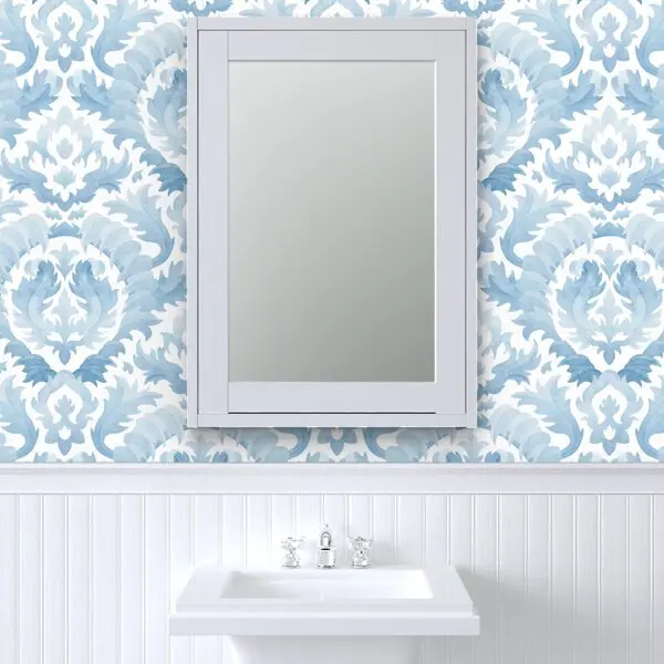 Spoonflower Watercolor Damask Botanical Floral Light Custom Pre-pasted Wallpaper - Blue