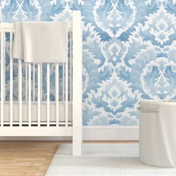 Spoonflower Watercolor Damask Botanical Floral Light Custom Pre-pasted Wallpaper - Blue