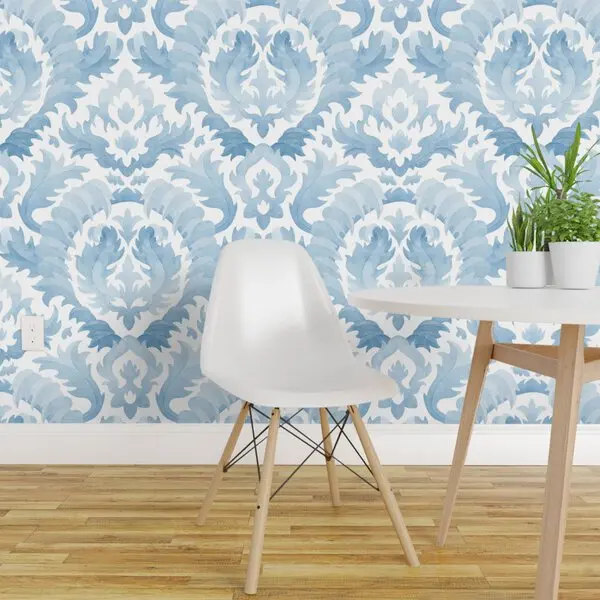 Spoonflower Watercolor Damask Botanical Floral Light Custom Pre-pasted Wallpaper - Blue