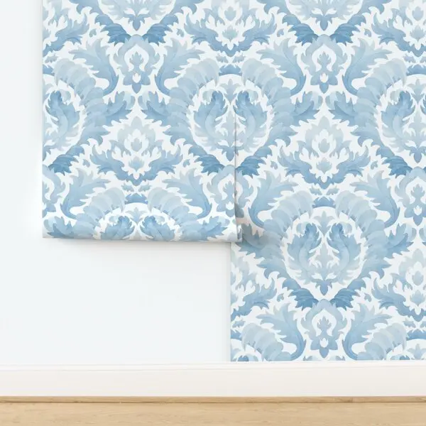 Spoonflower Watercolor Damask Botanical Floral Light Custom Pre-pasted Wallpaper - Blue