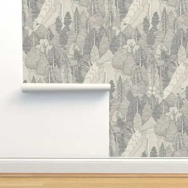 Spoonflower Trees Nc Silver Large 100% Natural Sisal Grasscloth Wallcovering - Gray,silver