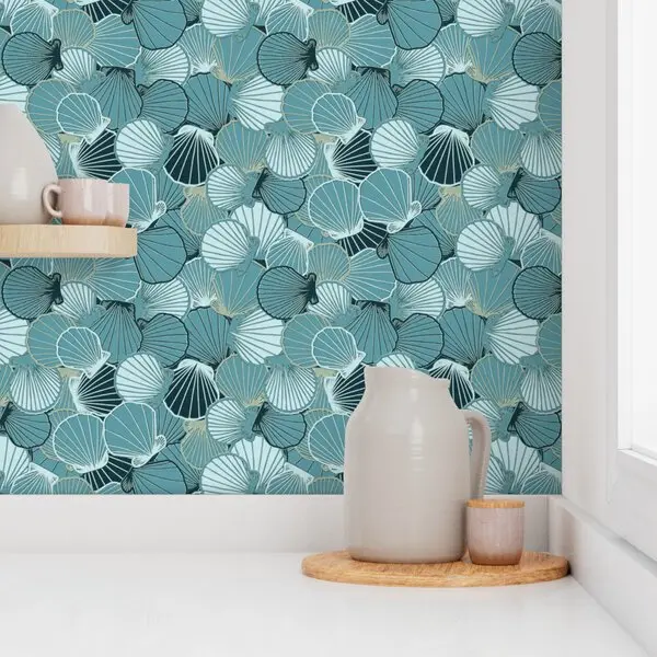 Spoonflower Seashells Ocean Mollusks Beach Coastal Shell Custom Pre-pasted Wallpaper
